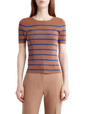 TAHARI ASL Striped Short Sleeve Sweater - Camel New Royal