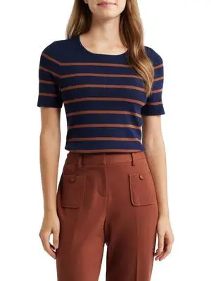TAHARI ASL Striped Short Sleeve Sweater - Navy Tawny