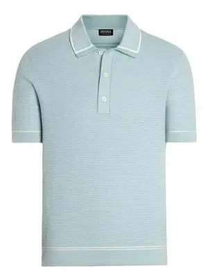 Zegna Premium Cotton Waffle Stitch Polo Sweater - Aqua Solid