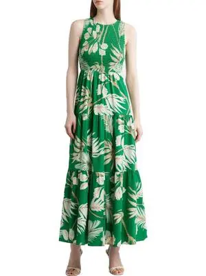 Anne Klein Sleeveless Smocked Bodice Tiered Maxi Dress - Tropical Green Multi