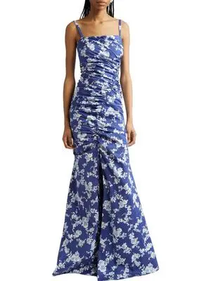 Carolina Herrera Floral Print Ruched Faille Gown - Nautilus Multi