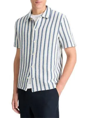 Vince Striped Knit Button Down Shirt - Cabo Blue