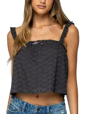 EDIKTED Tami Eyelet Ruffle Tank Top - Dark-gray