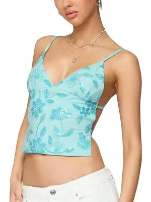 EDIKTED Sequin Floral Backless Top - Turquoise