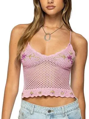 EDIKTED Quince Backless Embroidered Crochet Top - Pink