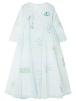 EKA Heather Pintucked Printed Cotton Kota Doriya Midi Dress - Blue