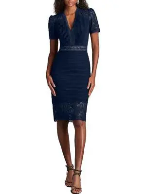 Tadashi Shoji Pintuck Lace Inset Cocktail Dress - Navy