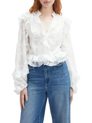 Bardot Embroidered Frill Top - Orchid White