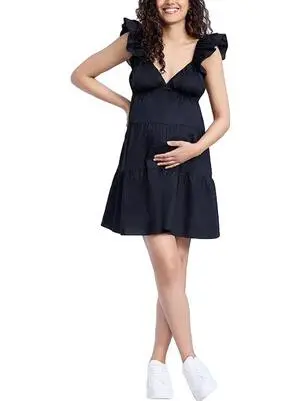 Motherhood Maternity V-neck Flutter Sleeve Tiered Mini Dress - Black