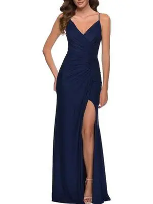 LABOMME Net Jersey Prom Gown With Ruching - Navy