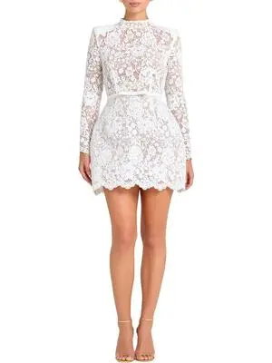 NADINE MERABI Addison Long Sleeve Lace Overlay Minidress - White