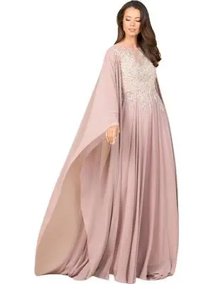 LARA NEW YORK Chiffon A-line Gown With Cape Sleeves - Dusty Rose