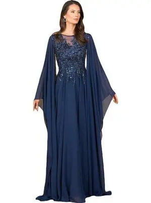 LARA NEW YORK Chiffon A-line Gown With Cape Sleeves - Navy