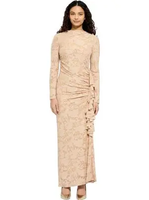 DASKA Jacquard Maxi Dress With Side Frill - Stone