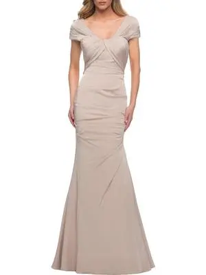 LABOMME Ruched Mermaid Satin Gown - Nude