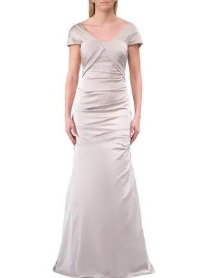 La Femme Ruched Mermaid Satin Gown - Silver