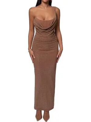 JLUXLABEL Sparkle Mesh One-shoulder Gown - Brown