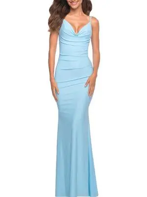 La Femme Jersey Ruched Gown With Draped Neckline - Cloud Blue