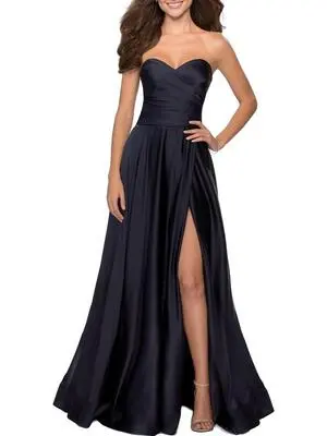 LABOMME Strapless Satin Gown With Pleated Bodice And Slit - Navy