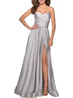 La Femme Strapless Satin Gown With Pleated Bodice And Slit - Silver