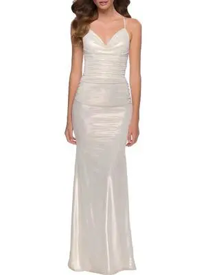 LABOMME Fitted Metallic Jersey Gown With Open Back - White/gold