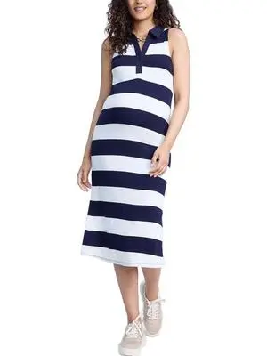 Motherhood Maternity Collared Sleeveless Polo Midi Dress - Navy & White Stripe