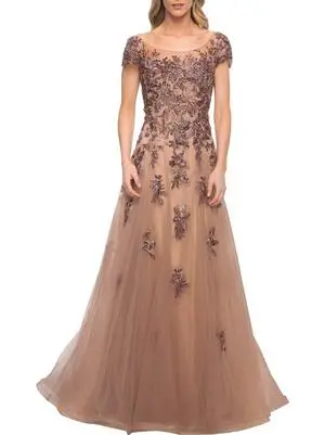 La Femme Beaded Tulle A-line Gown - Cocoa