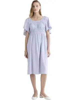Everlane Flutter-sleeve Stretch Linen Midi Dress - White / Dutch Blue