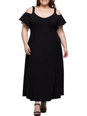 24SEVEN COMFORT APPAREL Cold Shoulder Jersey Maxi Dress - Black