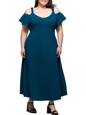 24SEVEN COMFORT APPAREL Cold Shoulder Jersey Maxi Dress - Teal
