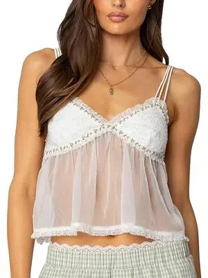EDIKTED Sheer Lacey Babydoll Tank Top - White