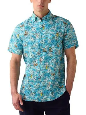 Robert Talbott Morgan Surf Printed Linen Short Sleeve Shirt Blue Waves