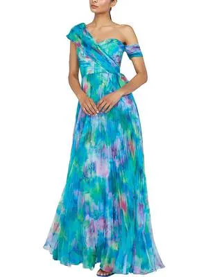 Theia Printed Pleated Asymmetric Gown - Aquatic Blue