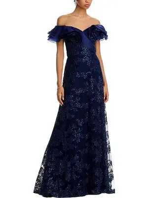 Rickie Freeman For Teri Jon Organza Off-shoulder Sequin Embroidered Tulle Gown - Navy