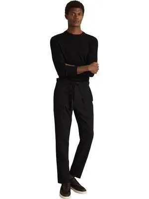 REISS Belted Technical Tapered Trousers - Black