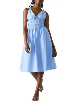 Steve Madden Kassie Bead Detail Smock Waist Cotton Midi Dress - Aurora Blue
