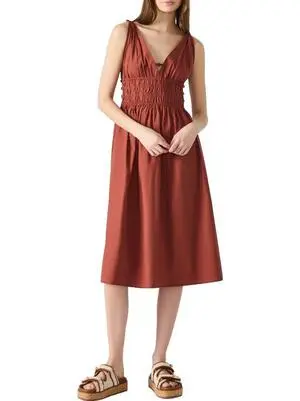 Steve Madden Kassie Bead Detail Smock Waist Cotton Midi Dress - Dusty Brick