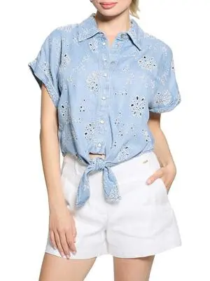 GUESS Eyelet Chambray Tie-Front Shirt