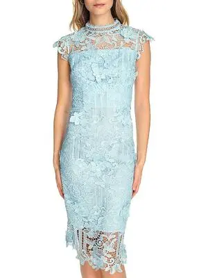 Eliza J Lace Mock Neck Sheath Dress - Blue