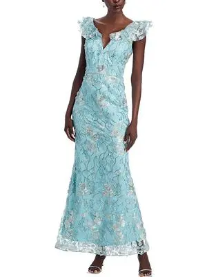 Eliza J V-neck 3d Flower Sleeveless Gown - Sage