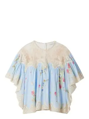 Zimmermann Lucky Lace-trimmed Floral-print Cotton-voile Blouse - Blue