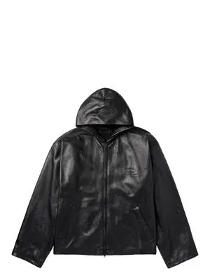 Balenciaga Oversized Logo-debossed Leather Hooded Jacket - Black