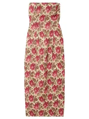 Posse Rosalie Strapless Floral-print Linen Midi Dress - Red