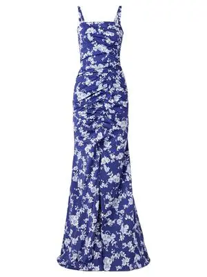 Carolina Herrera Ruched Floral-print Faille Gown - Blue