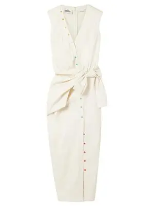 Christopher John Rogers Tie-front Button-embellished Cotton-twill Midi Shirt Dress - Off White