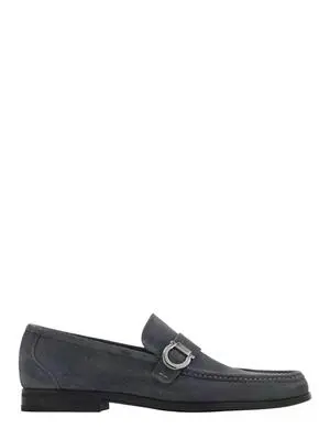 FERRAGAMO Suede Loafers With Gancini Plaque - Grey