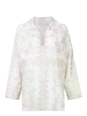 Valentino Garavani Geometric-print Silk-cotton Shirt - Neutrals