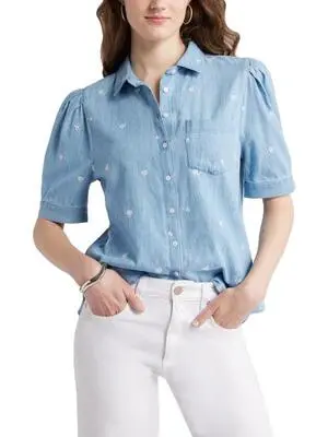 Caslon Embroidered Short Sleeve Chambray Button-up Shirt - Light Wash