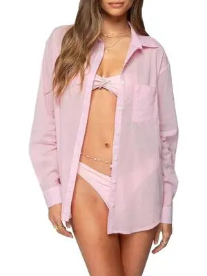 EDIKTED Kellen Oversize Cotton Button-up Shirt - Pink