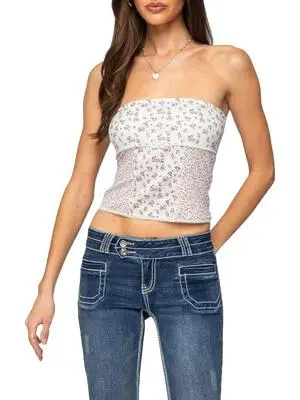 EDIKTED Floral Pointelle Tube Top - Cream